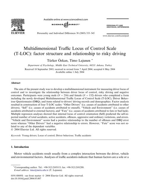 Pdf Multidimensional Traffic Locus Of Control Scale T Loc Factor Structure And Relationship