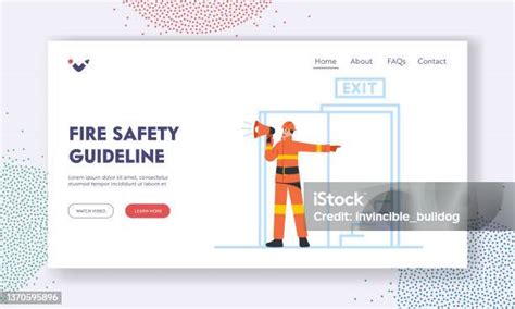 화재 안전 지침 방문 페이지 템플릿 생명을 위협하는 상황에서 사무실 탈출 라우드 스피커를 가진 소방관 불에 대한 스톡 벡터 아트 및 기타 이미지 Istock