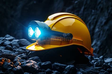 Yellow Miners Safety Helmet With Head Lamp On The Coal Mining Background Ai Generative Stock