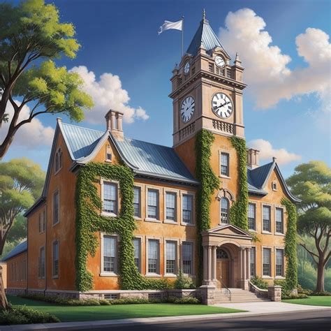 Traditional Red Brick School Building With Clock Tower And Students On