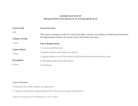 Epp Course Outline Edukasyong Pantahanan At Pangkabuhayan