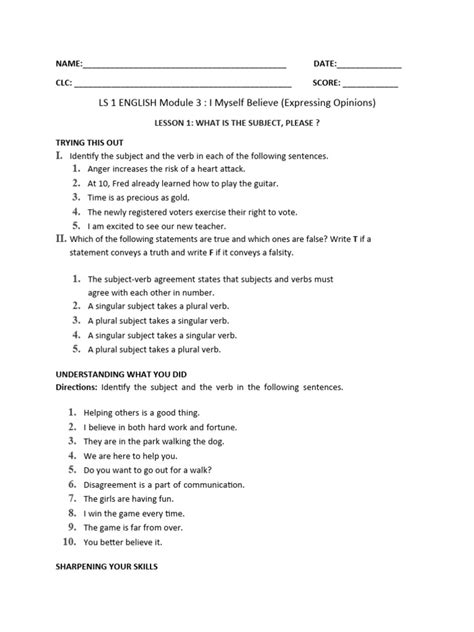 Activity Ls 1 Eng Module 3 Pdf Subject Grammar Verb