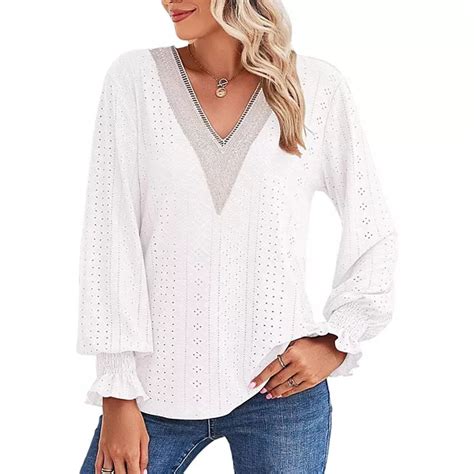 Womens Lace V Neck Blouse Shirts Long Sleeve Casual Loose Tops