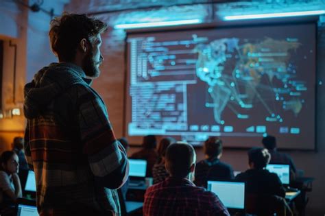 Portrait Of A Teacher Giving Computer Science Lecture Premium Ai