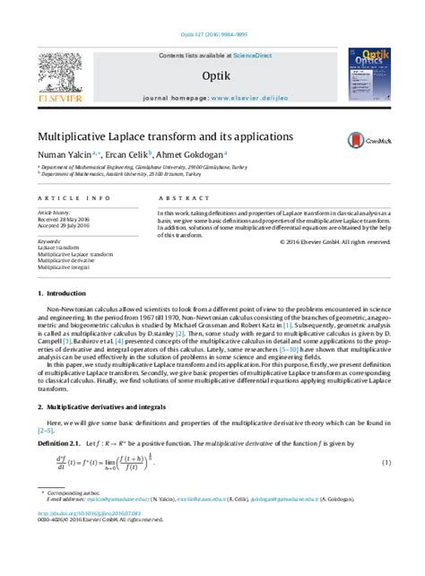 Pdf Multiplicative Laplace Transform And Its Applications