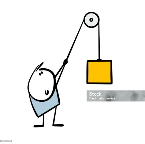 건설 현장의 작업자가 짐을 들어 올리고 있습니다 간단한 메커니즘이 도움이 됩니다 밧줄을 당기는 Stickman의 벡터 그림입니다 학교에서 물리학 수업 중력 흰색 배경에