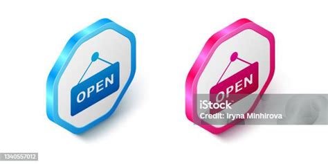 흰색 배경에 격리 된 텍스트 열기 문 아이콘이있는 등색 매달려 기호 육각 버튼 벡터 3차원 형태에 대한 스톡 벡터 아트 및 기타 이미지 3차원 형태 누름 버튼 단일