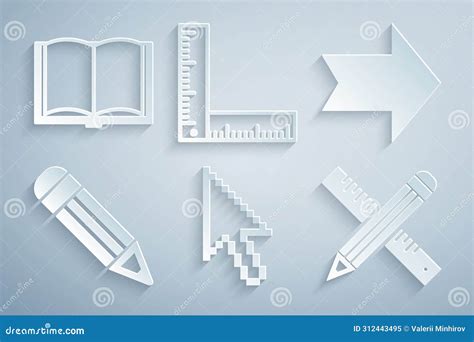 Set Pixel Arrow Cursor Arrow Pencil Crossed Ruler And Pencil Folding And Open Book Icon