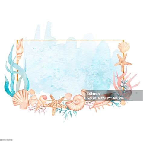 바다 조개 프레임 클립 아트 수채화 바다 산호 그림 바다 암초 화환 여름 해변 결혼식 그래픽 청록색 산호 껍데기에 대한 스톡