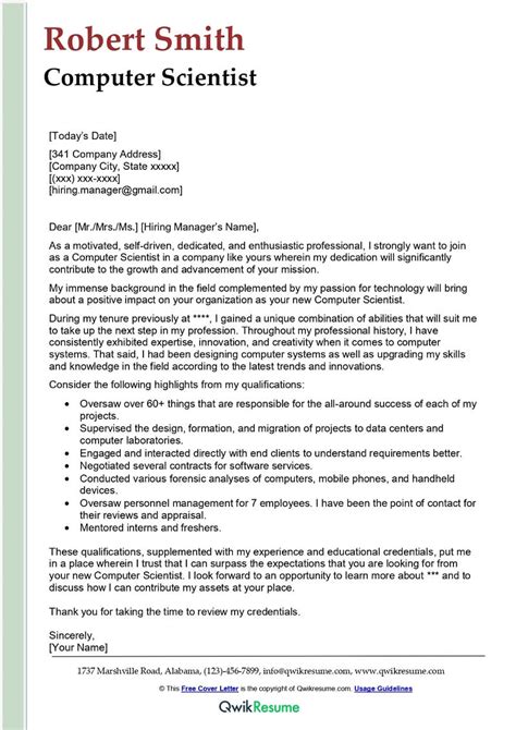 Computer Scientist Cover Letter Examples Qwikresume