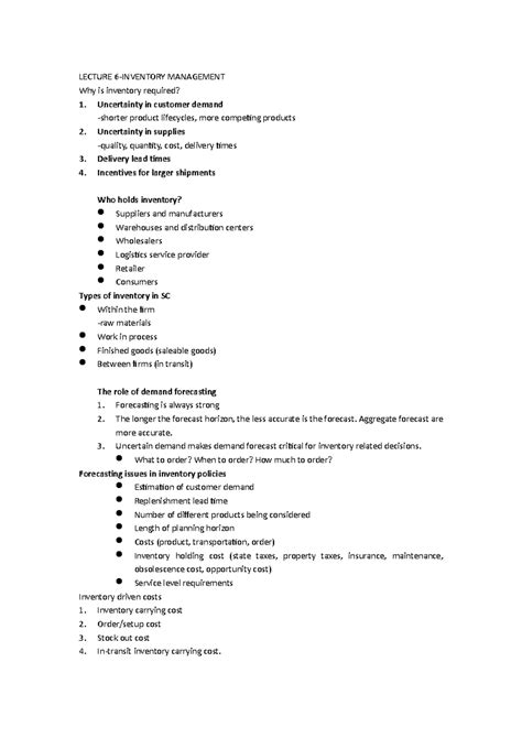 Lecture SCM LECTURE INVENTORY MANAGEMENT Why Is Inventory Required Uncertainty In