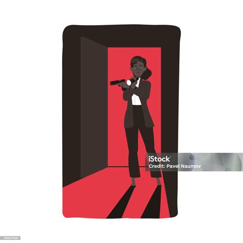 손전등 벡터 삽화로 열린 문에 서 있는 권총을 겨냥한 여성 형사 감시에 대한 스톡 벡터 아트 및 기타 이미지 감시 손전등 여자 Istock
