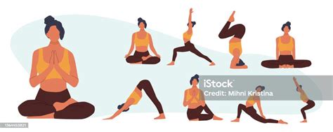 요가 와 피트니스 운동을하고 슬림 스포츠 젊은 여성의 세트 건강한 라이프 스타일 다양한 요가 위치를 보여주는 여성 캐릭터의 컬렉션 개념에 대한 스톡 벡터 아트 및 기타