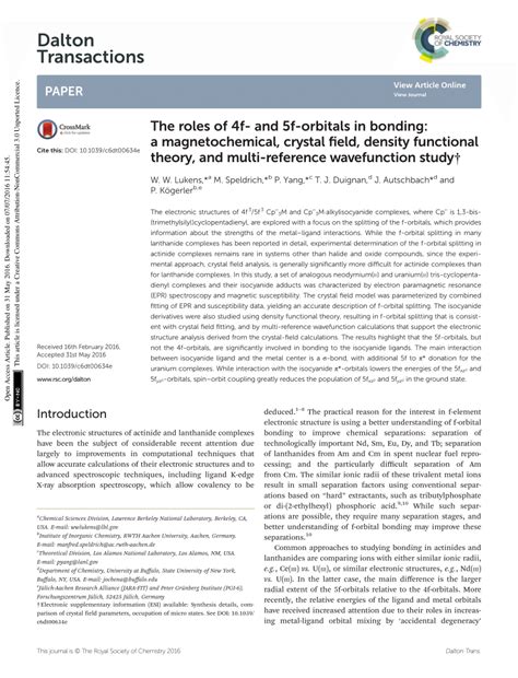 Pdf The Roles Of 4f And 5f Orbitals In Bonding A Magnetochemical