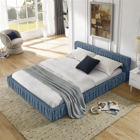 Latitude Run® Queen Size Chenille Fabric Pleated Design Upholstered Bed