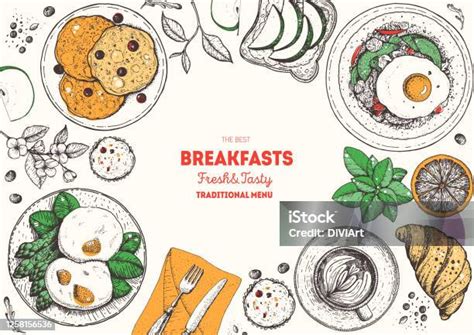 아침 식사 상단 보기 프레임 아침 음식 메뉴 디자인 아침 식사와 브런치 요리 컬렉션 빈티지 손으로 그린 스케치 벡터 일러스트 빈티지 스타일 브런치에 대한 스톡 벡터 아트 및