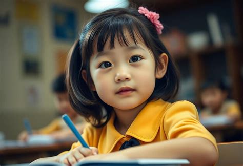 A Girl Sits In A Classroom With A Pencil In Her Hand Premium Ai