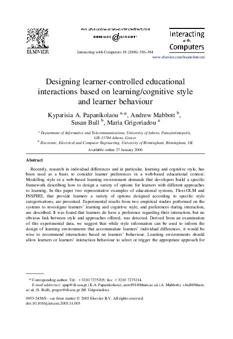 Pdf Designing Learner Controlled Educational Interactions Based On