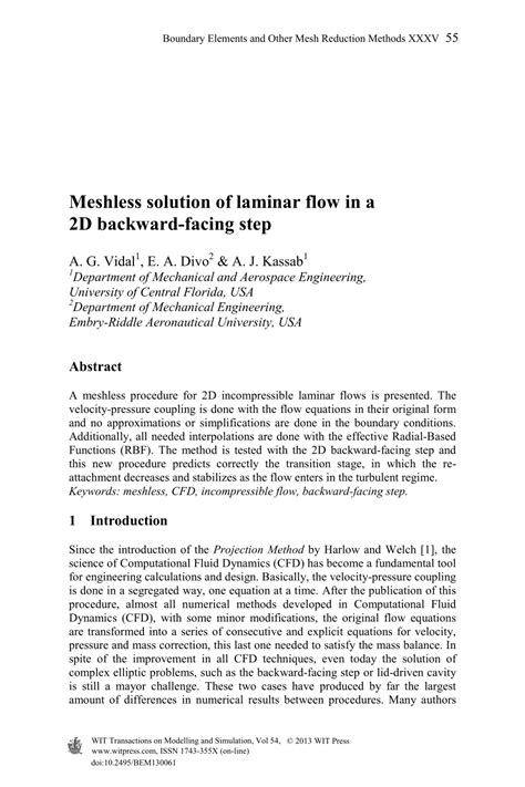 Pdf Meshless Solution Of Laminar Flow In A 2d Backward Facing Step