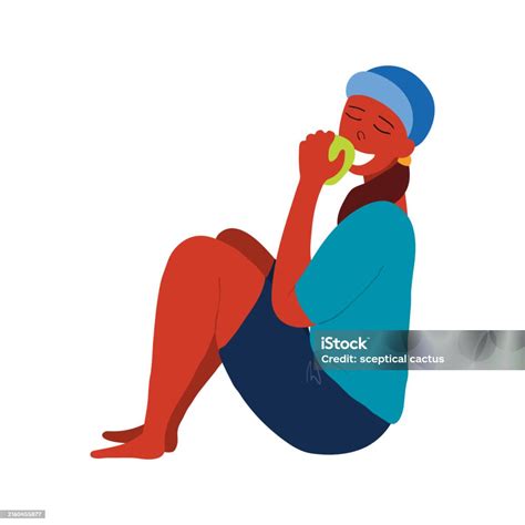 사과를 먹는 여자 만화 캐릭터 일러스트 손으로 그린 스타일 평면 디자인 고립 된 벡터 여름 가을 인쇄 요소 농사 정원 가꾸기 추수 축제 과일 따기 가을에 대한 스톡 벡터