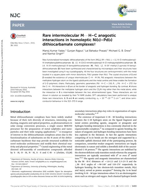 Pdf Rare Intermolecular M•••h C Anagostic Interactions In Homoleptic Niii Pdii