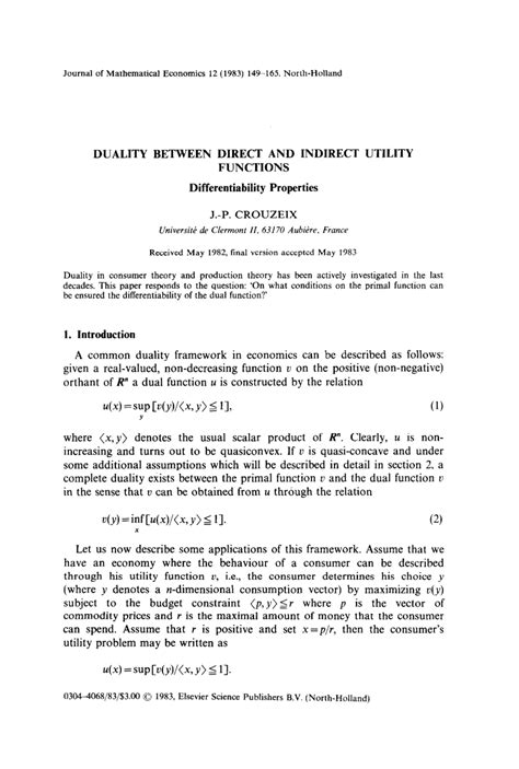 Pdf Duality Between Direct And Indirect Utility Functions