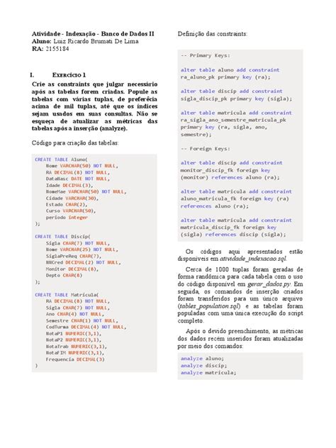 Atividade Sobre Indexação Banco De Dados Ii Pdf Tabela Banco De Dados Sql