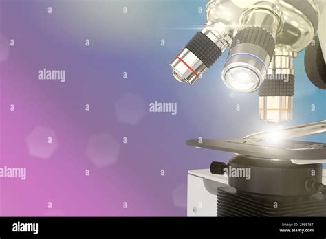 Microbiology Discovery Concept Laboratory Modern Scientific Microscope With Flare On Gradient