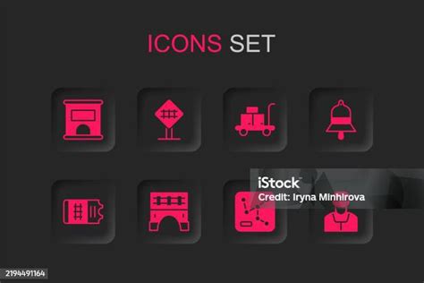 기차 철도 건널목 티켓을 구매하기 위한 매표소 철도 지도 기차역 종 지휘자 트롤리 여행 가방 및 아이콘을 설정합니다 벡터 가방에 대한 스톡 벡터 아트 및 기타 이미지