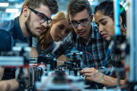 Young Engineers Calibrating Robot Sensors In Hightech Laboratory For Precision And Accuracy