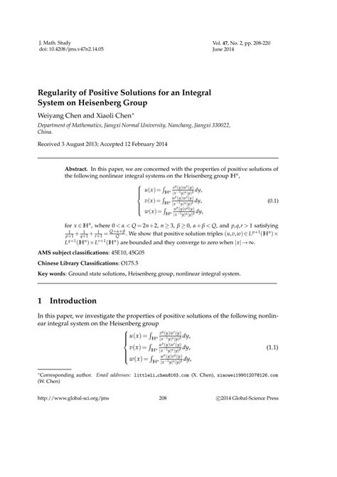Global Science Press Regularity Of Positive Solutions For An Integral System On Heisenberg Group
