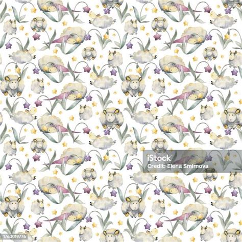 수채화 손으로 그린 그림 마법의 별 꽃밭에 있는 귀여운 봉제 아기 양 원활한 패턴 흰색 배경에 격리되어 있습니다 아이를 위해 아이 침실 직물 리넨 인쇄 카드 예술 연속무늬에