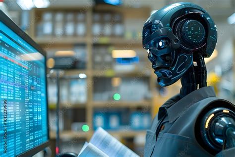 Humanoid Robot Analyzing Medical Bill Codes And Spreadsheet Data