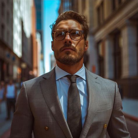 A Man In A Suit And Glasses Is Walking Down The Street Premium Ai