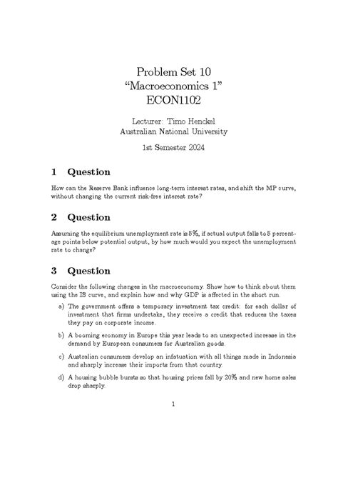 Problem Set 10 Econ 1102 Sem 1 2024 Problem Set 10 Macroeconomics 1” Econ Lecturer Timo