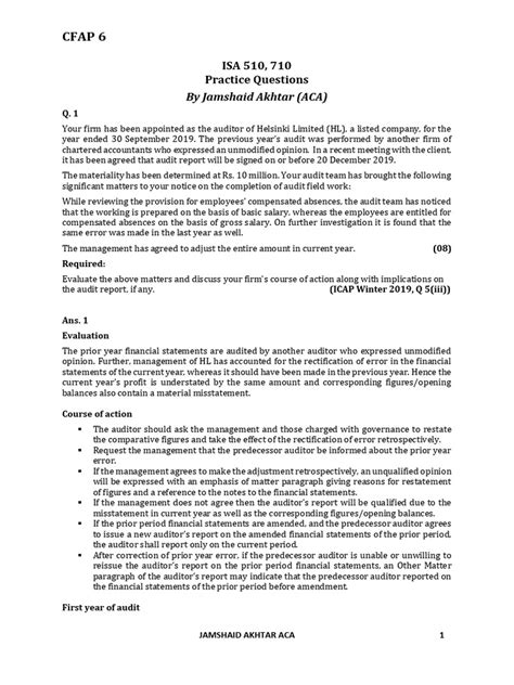 Isa 510 710 Practice Questions Pdf Auditors Report Audit