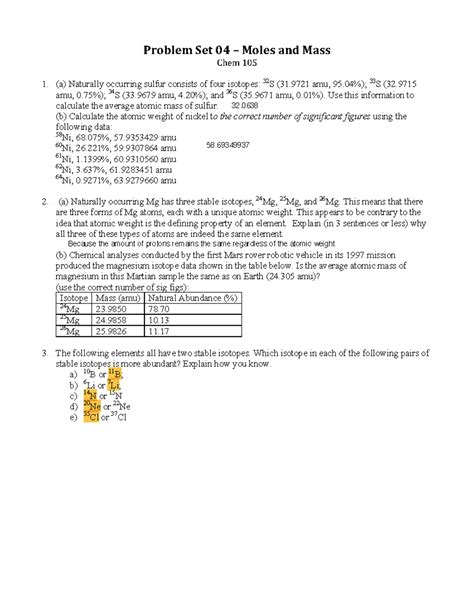 Chem 105 Problem Set 4 Problem Set 04 Moles And Mass Chem 105 1 A