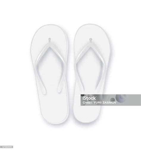 현실적인 3d 흰색 빈 빈 플립 플롭 근접 촬영은 흰색 배경에 격리되어 있습니다 여름 해변 플립 플롭 페어 모형의 디자인 템플릿입니다 벡터 0명에 대한 스톡 벡터 아트 및