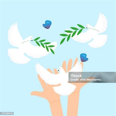 สัญลักษณ์ของมิตรภาพคือนกพิราบสีขาวที่มีกิ่งมะกอกและผีเสื้อบนมือของบุคคล ภาพประกอบสต็อก ดาวน์