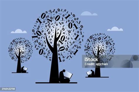 디지털 트리 아래에 앉아서 랩톱 컴퓨터를 사용하는 사람들의 개념도 수학에 대한 스톡 벡터 아트 및 기타 이미지 수학