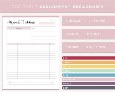 Printable Assignment Breakdown Print At Home Assessment Etsy