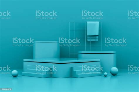 파란색 기하학적 배경을 렌더링하는 3d 현대적인 미니멀 한 디자인의 기하학적 모양 프로모션 화장품 배경 제품 쇼를 위한 미니멀한