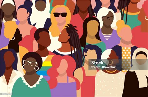 다양한 표정을 가진 다양한 여성들의 군중 생생한 색상 배경 다민족 그룹에 대한 스톡 벡터 아트 및 기타 이미지 다민족 그룹