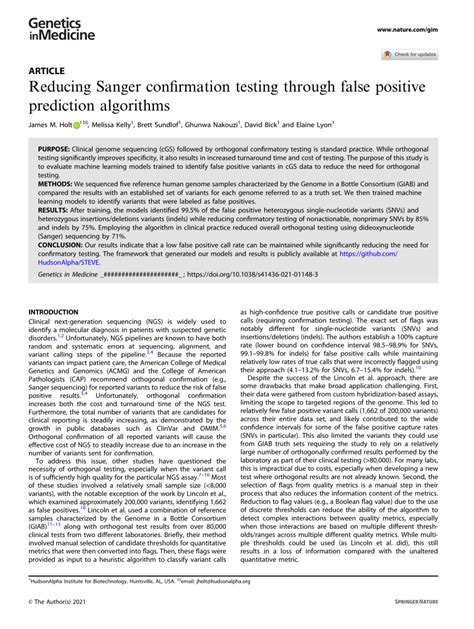 Pdf Reducing Sanger Confirmation Testing Through False Positive