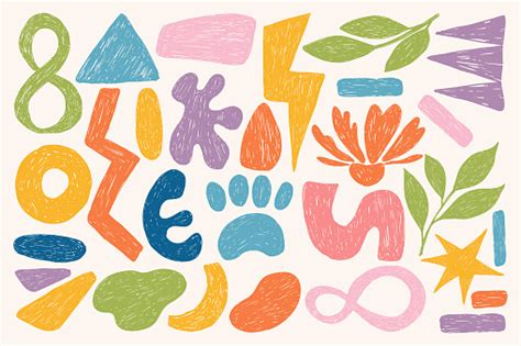 크레용 추상 모양과 형태 세트 손으로 그린 이상한 복고풍 모양 크레용 분필 또는 목탄 질감으로 종이에 수동으로 그렸습니다 대담하고 그루비하고 기괴한 모양 트렌디한 크레용