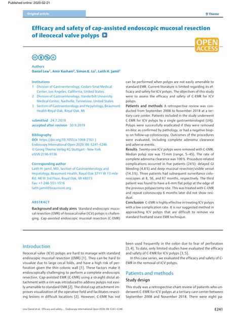 Pdf Efficacy And Safety Of Cap Assisted Endoscopic Mucosal Resection Of Ileocecal Valve Polyps