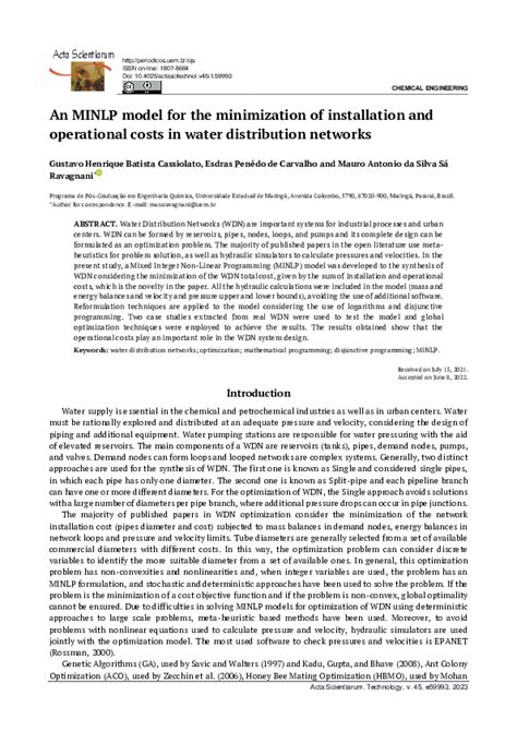Pdf An Minlp Model For The Minimization Of Installation And Operational Costs In Water