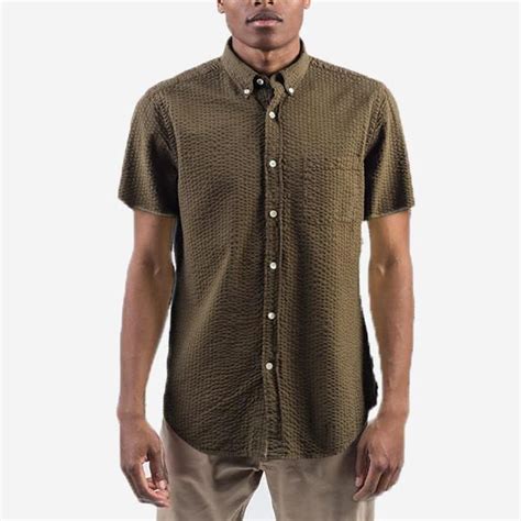 Portuguese Flannel Atlantico Short Sleeve Shirt Olive Seersucker