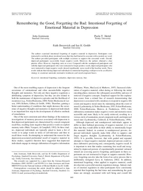 Pdf Remembering The Good Forgetting The Bad Intentional Forgetting
