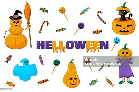 다채로운 휴일 상징으로 설정된 할로윈 호박 검은 고양이 사탕 의상 눈사람 및 기타 할로윈 요소 문자 메시지 10월에 대한 스톡 벡터 아트 및 기타 이미지 Istock